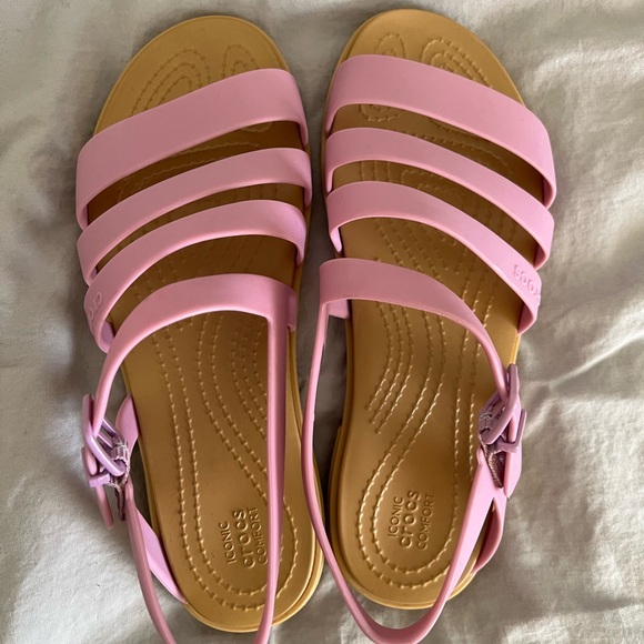CROCS | Shoes | Crocs Pink And Tan Sandals With Perforated Design ...